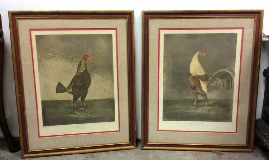 Pair War And Peace Rooster Hand Colored Aquatints