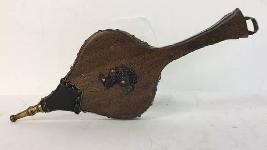 Vintage Antique Old Red Leather And Brass Ornate Fireplace Bellows