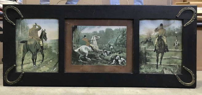 Triptych Fox Hunt Prints In Frame With Horse Shoes