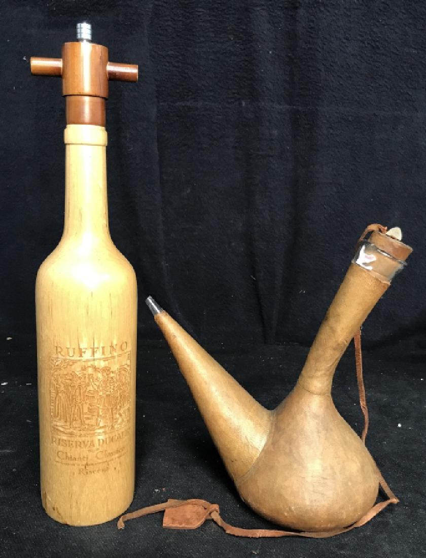 Carved Wood Wine Bottle Mill and Leather Flask