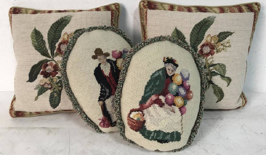 Lot 4 Petit Point And Needlepoint Accent Pillows
