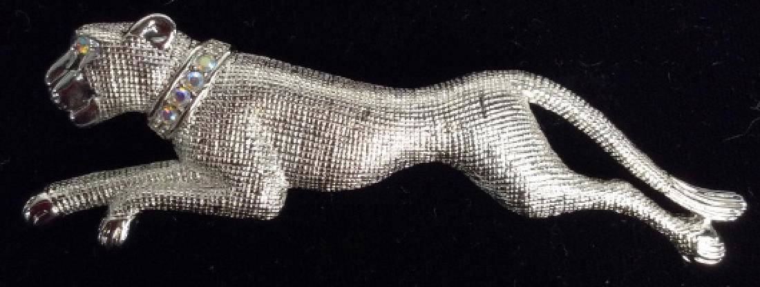 Jaguar Brooch Pin Silver Toned W Rhinestones
