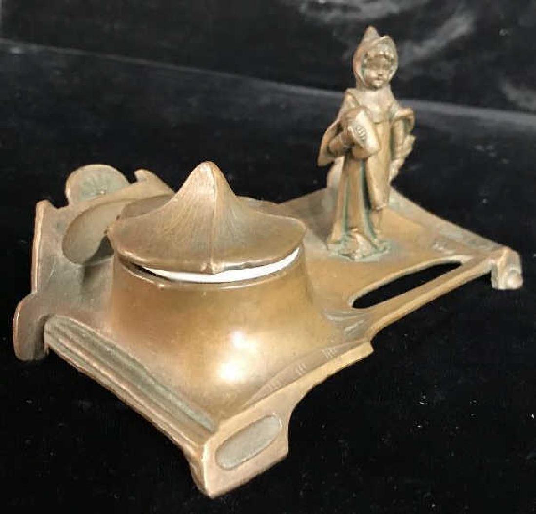 Art Nouveau Figural Bronze Finish Inkwell