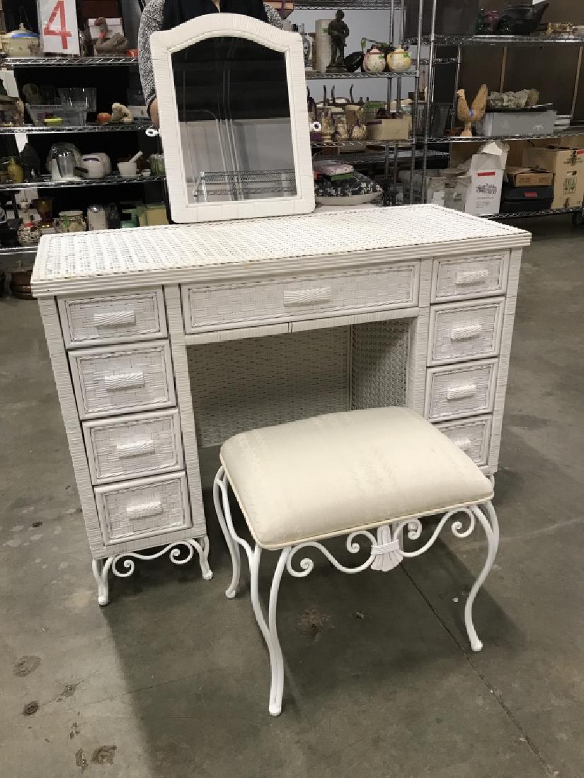Set 3 White Wicker Vanity Bench And Mirror
