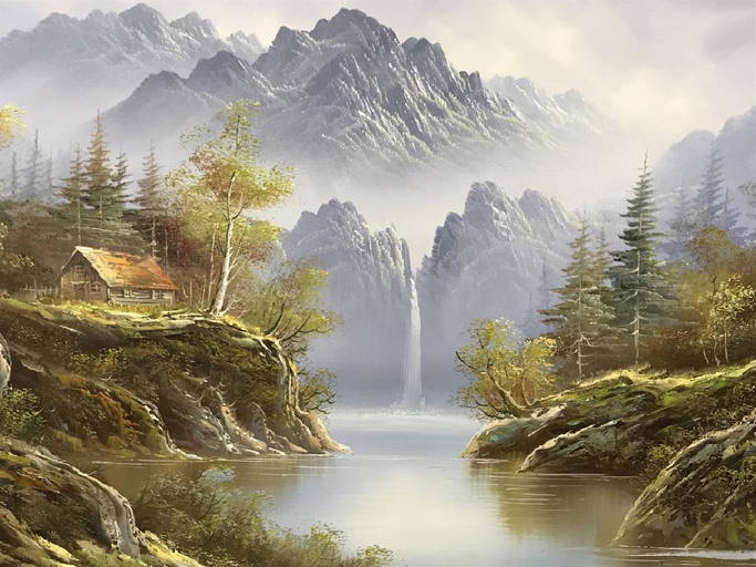 Signed R. Boren Oil On Canvas, Cabin & Waterfall