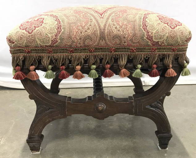 Antique Carved X Bench Stool With Upholstered Top