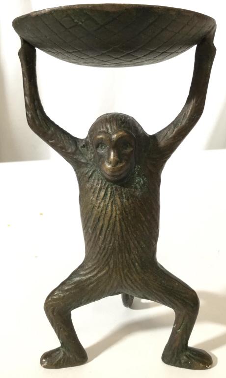 Vintage Brass Bronze Monkey Trinket Dish