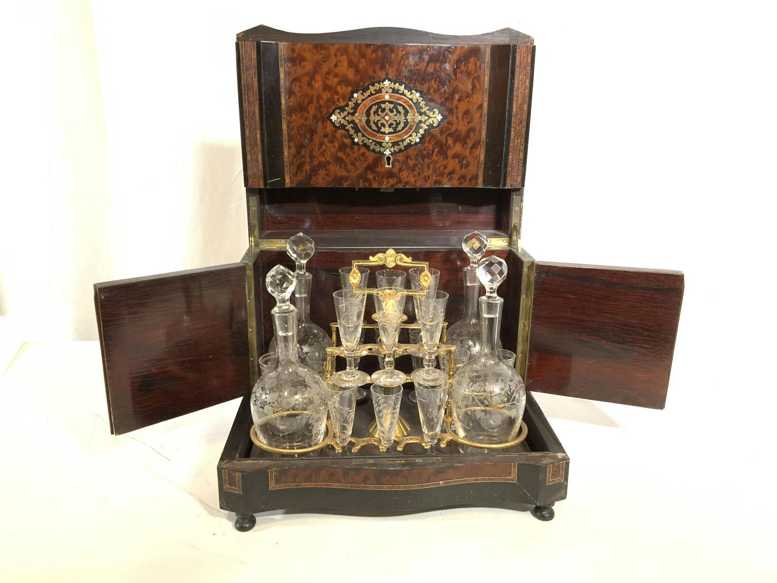 Antique French Tantalus Liquor Cabinet W Glasses