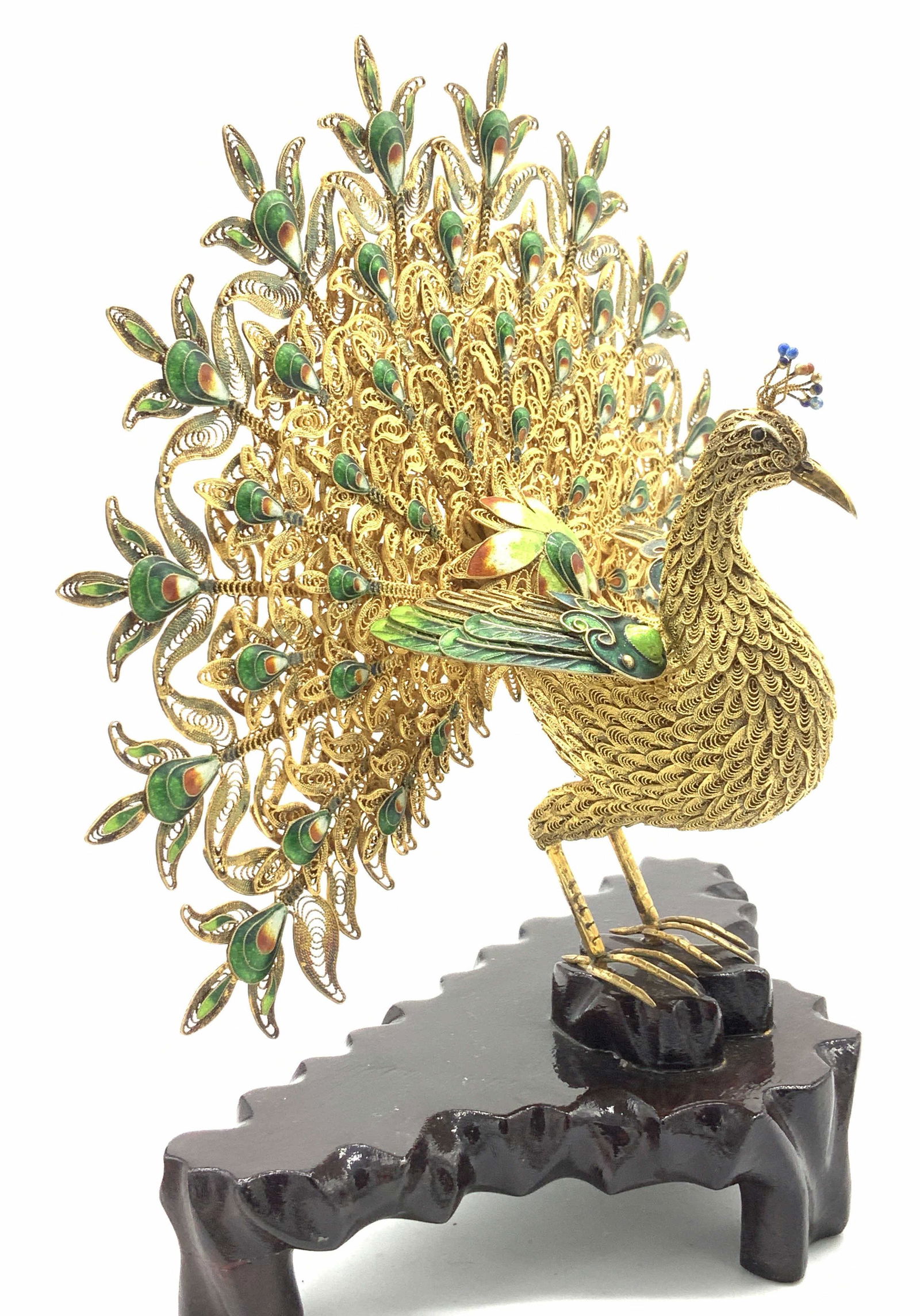 Cloisonné And Filigree Gilt Metal Peacock On Stand