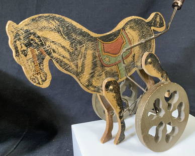 Antique Folk Art Painted Wood Horse Wheel Pull Toy