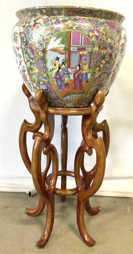 Hand Painted Asian Fishbowl Planter W Stand