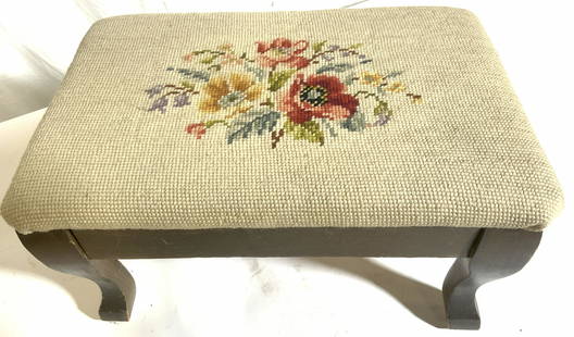Vintage Needlepoint Footstool W Floral Detail
