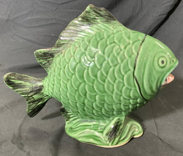 Vintage Green Ceramic Fish Coin Bank