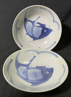 Pair Of Vintage Chinese Ceramic Dishes With Blue Fish