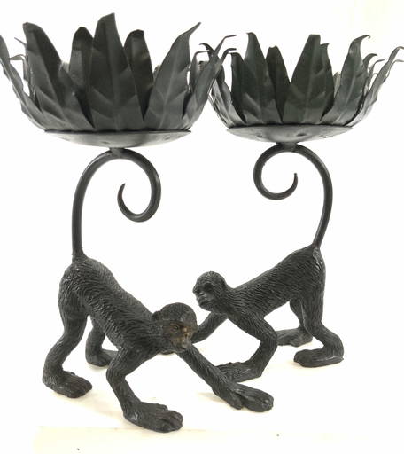 Pair Heavy Cast Iron Monkey Candle Holders