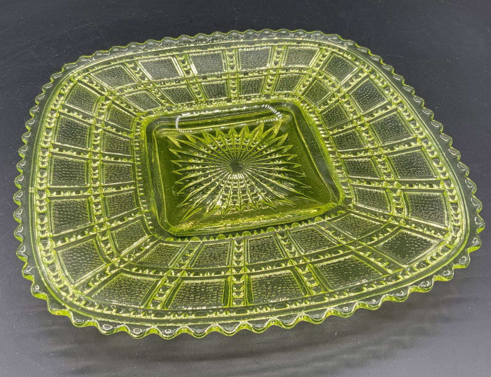 Vintage Vaseline Glass Beaded Block Pattern Plate - Mar 08, 2023 | The ...