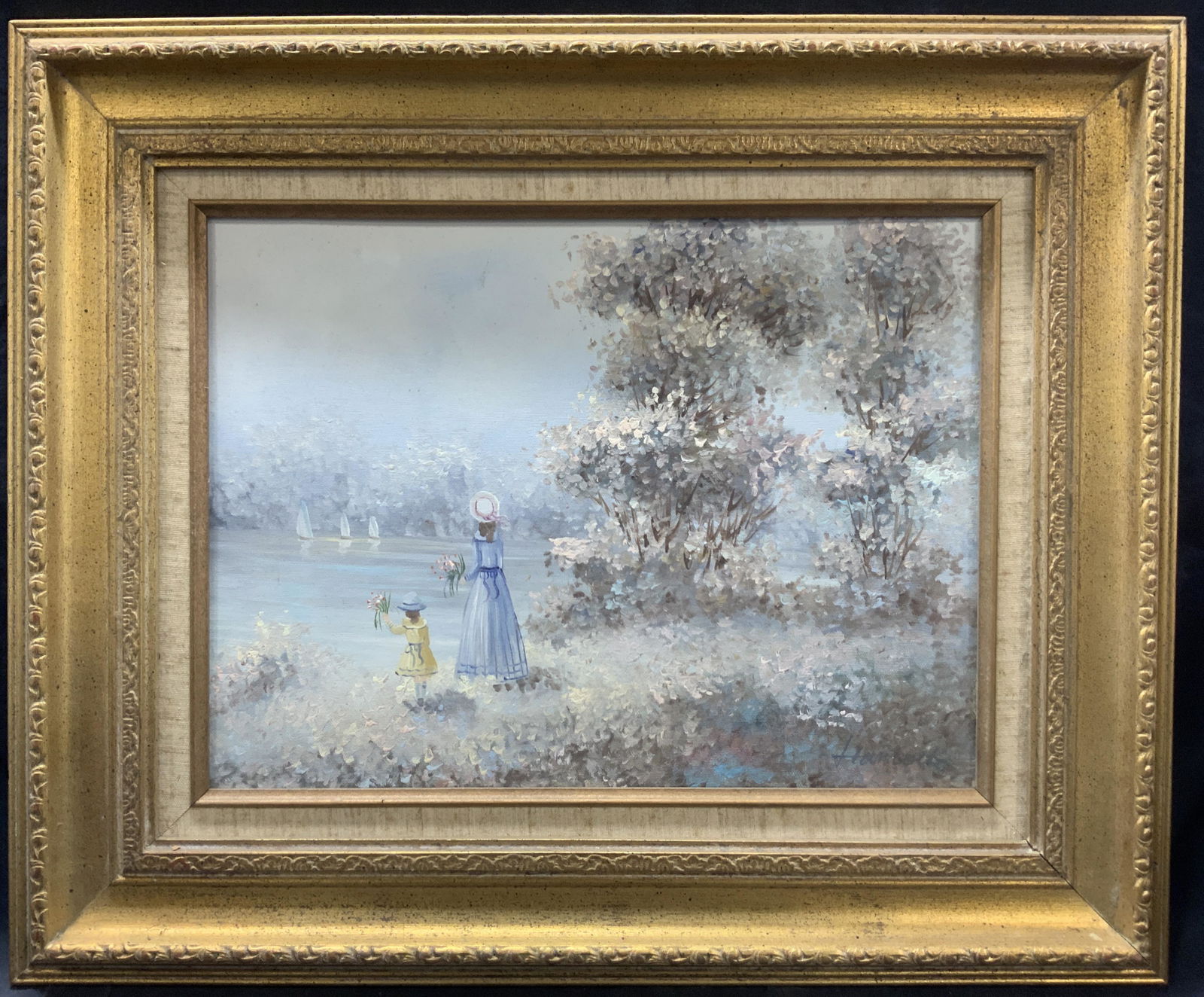 Hancock Signed Mother & Child Landscape Painting
