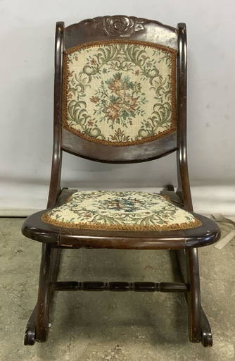 Vintage Wood Tapestry Folding Rocking Chair