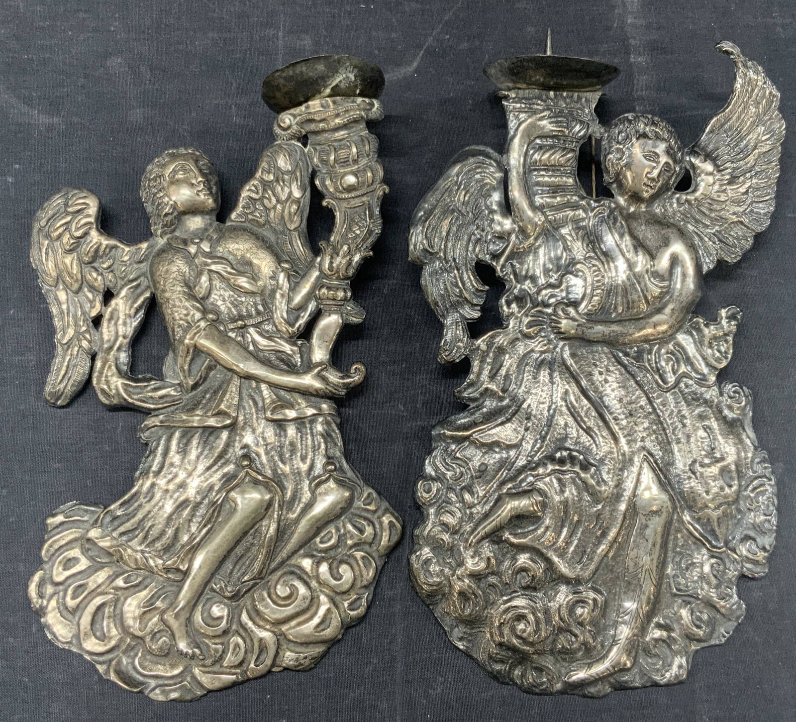 2 Embossed Metal Angel Candle Holders Auction