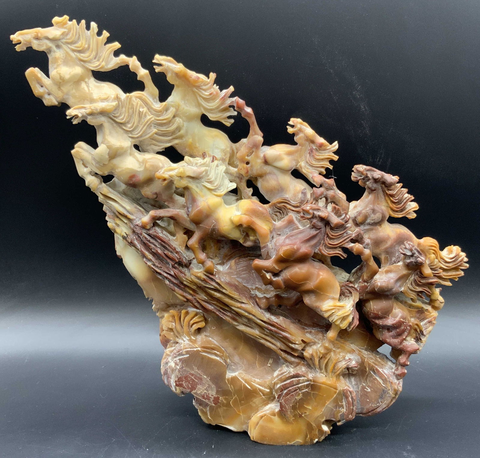 Vtg Hand Carved Stone Galloping Horses Sculpture Auction