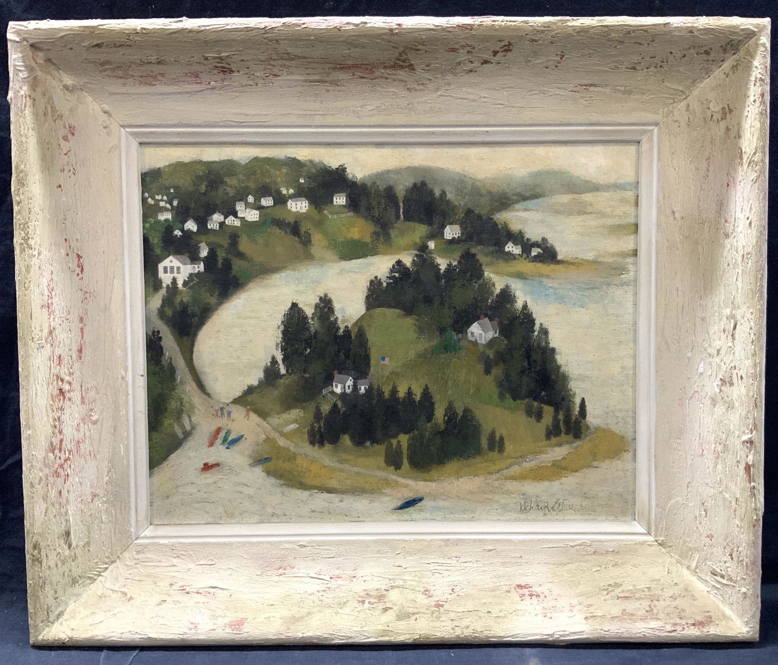 Signed Birds Eye View Of Town Oil Painting