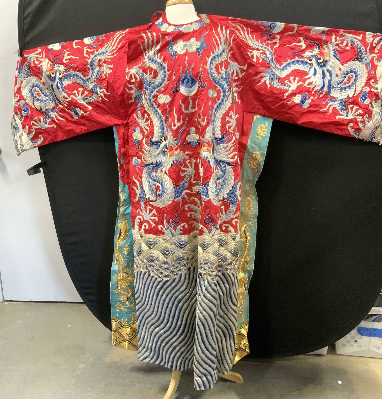 Embroidered Chinese Red Dragon Robe, 1940s Auction