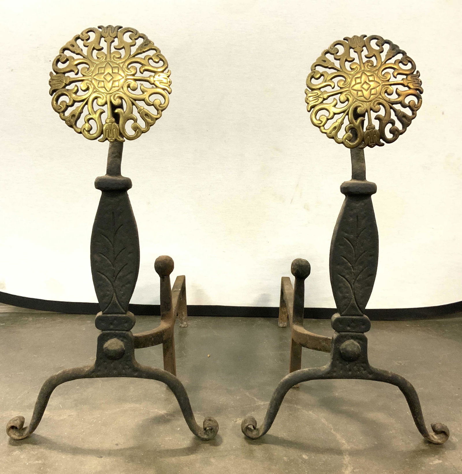 Pr Virginia Metalcrafters Andirons Brass Medallion Auction