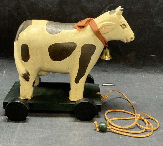 Vintage Painted Wood Cow Pull Toy