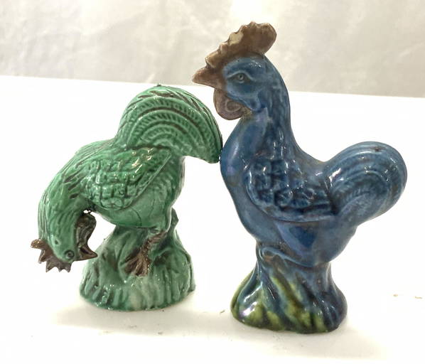2 Hand Painted Porcelain Rooster Figurines