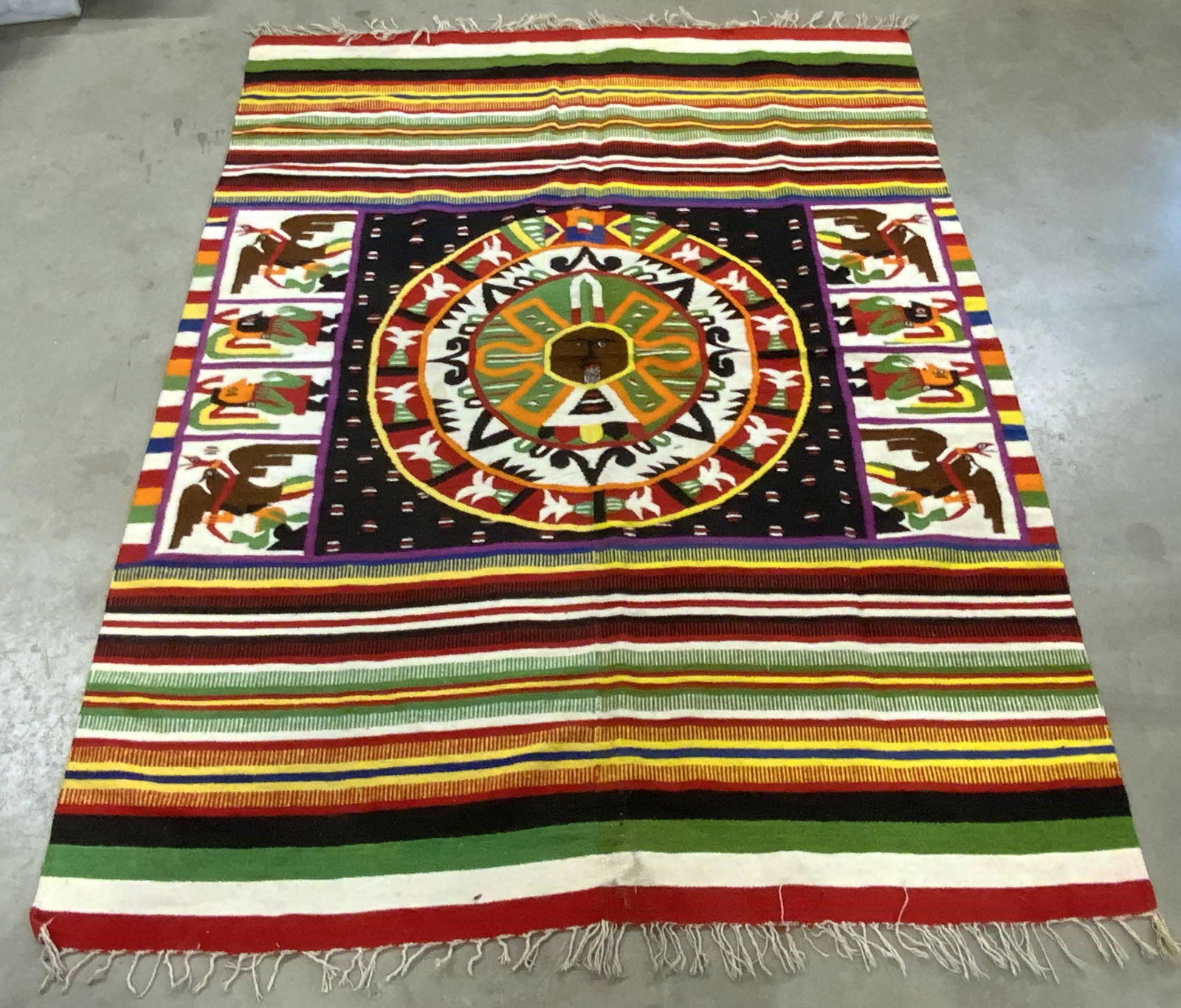 Vintage Aztec Sun Motif Striped Rug Auction