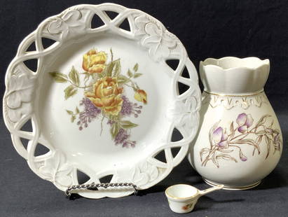 Lot 3 Hand Painted Porcelain Ware, Vase, Plate