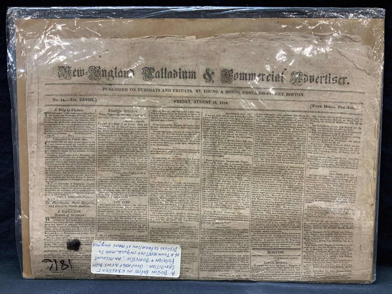 1816 Antique Boston Newspaper Auction