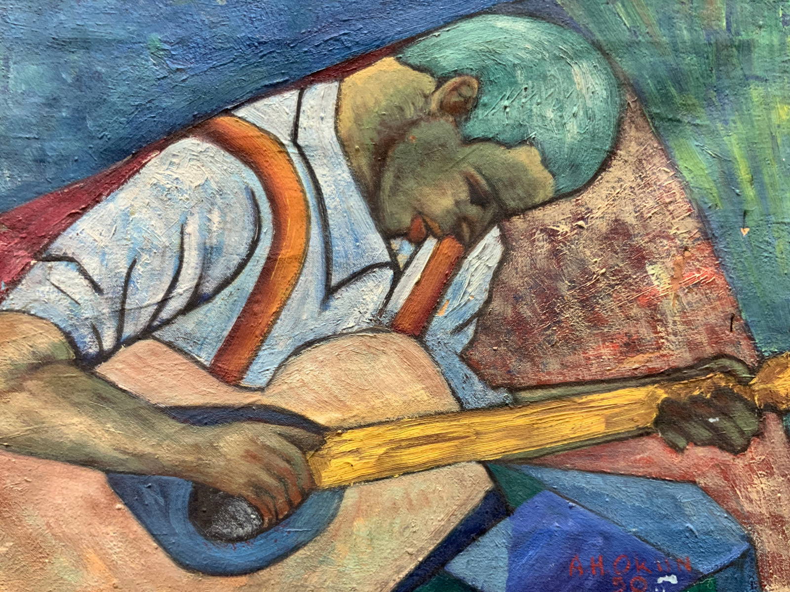 A.h. Okon Signed Folk Art Guitar Player Painting Auction