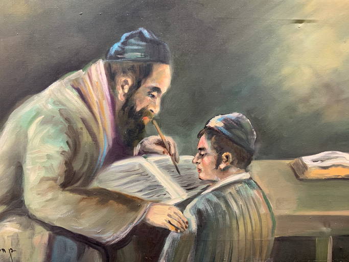 Signed Rabbi & Child Oil Painting