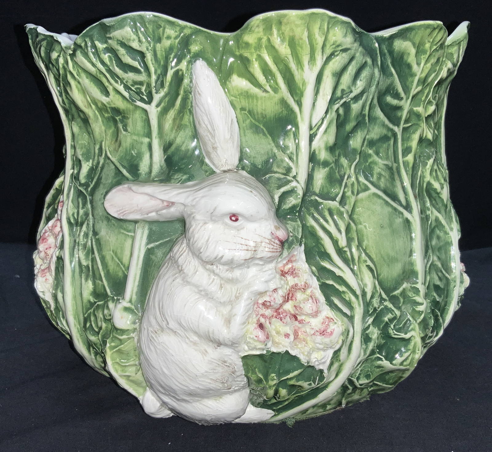 Handpainted Ceramic Rabbit & Cabbage Planter Italy Auction