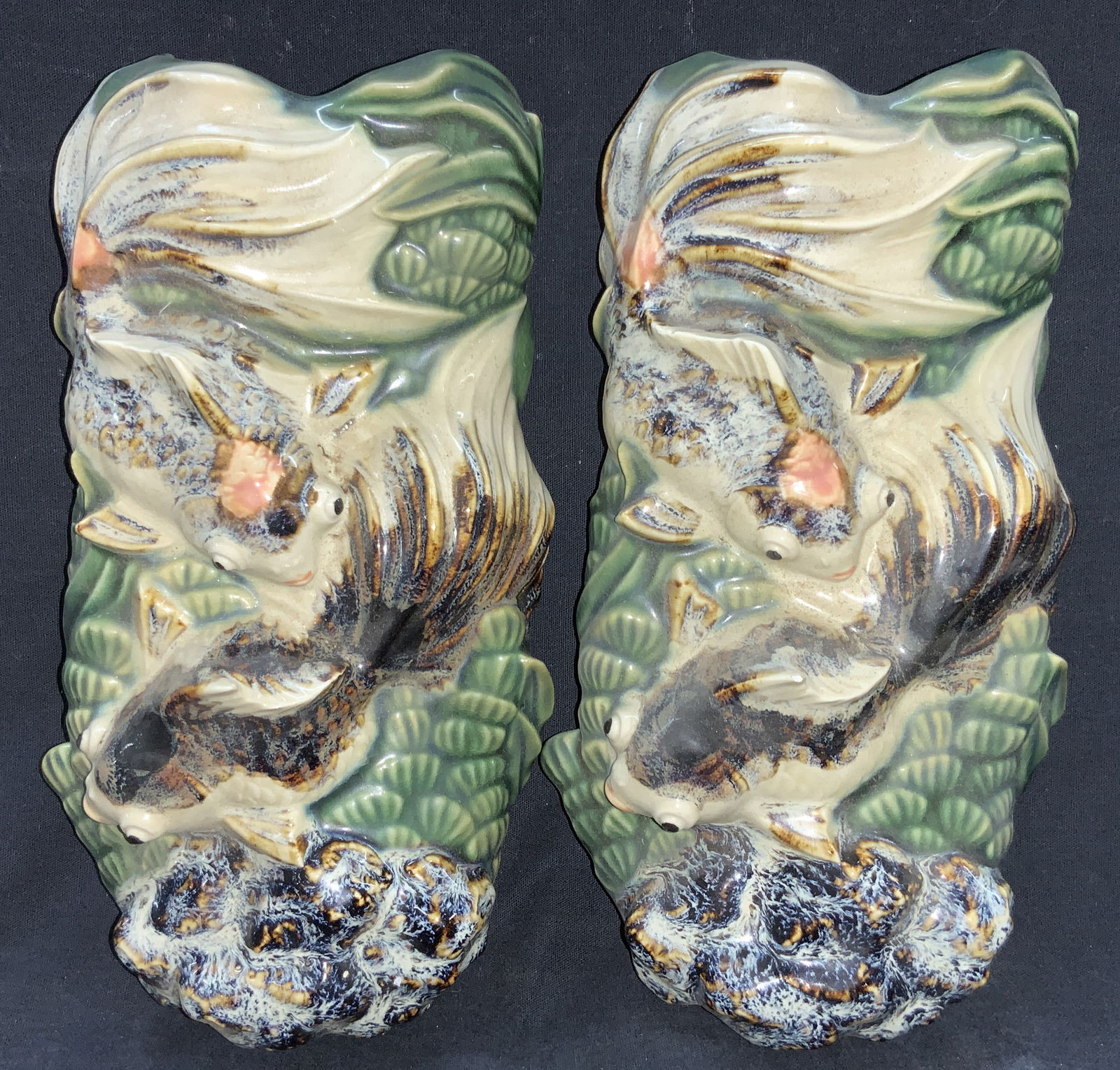 Pr Exotic Goldfish Asian Pottery Wall Pockets Auction