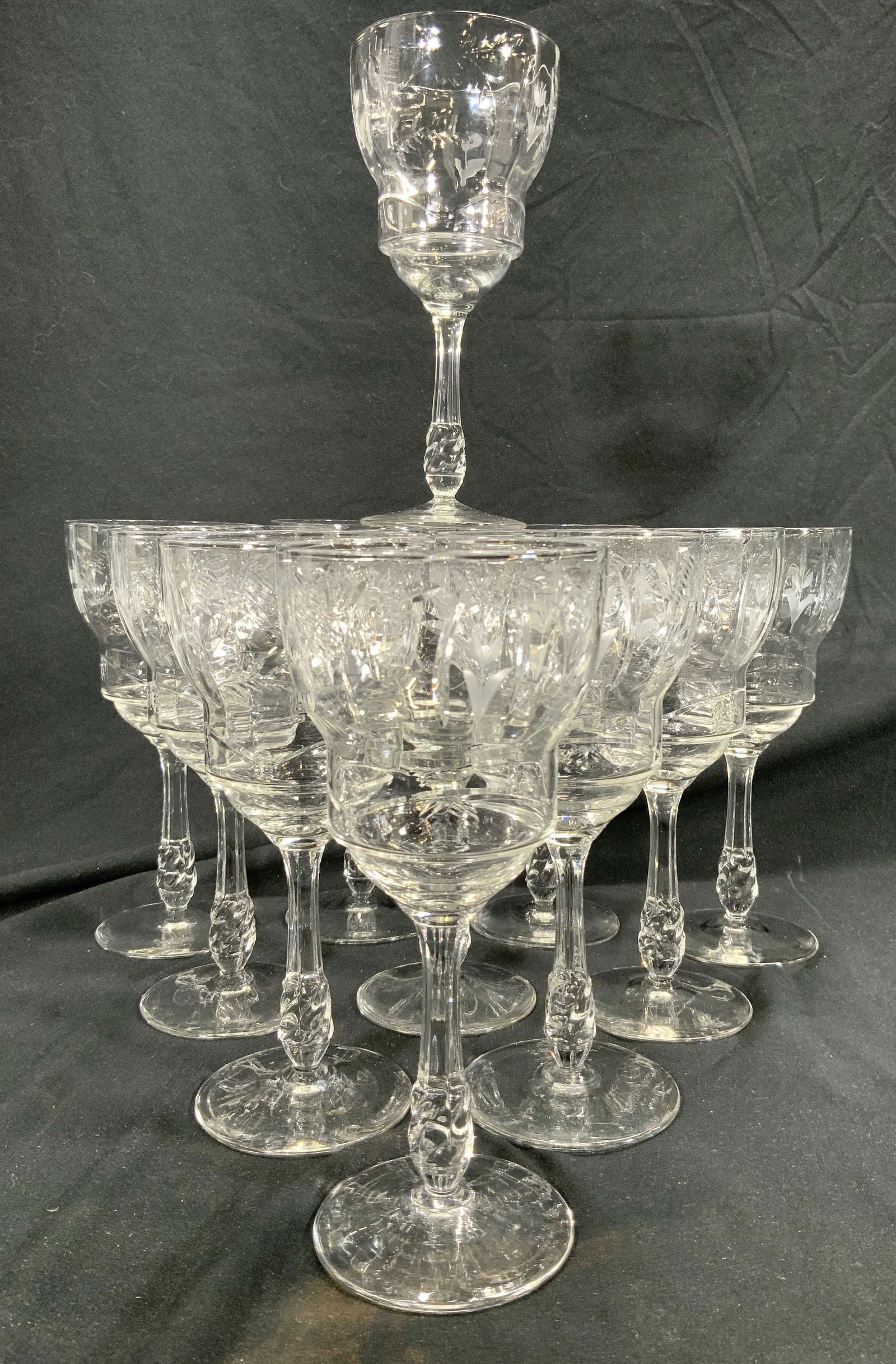 Set 11 Crystal Goblets Stemware W Floral Detail Auction