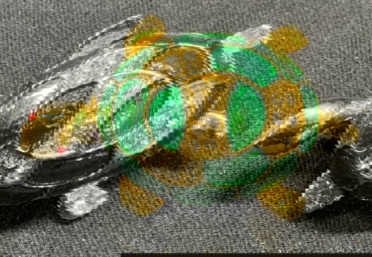 Gold Tone Enameled Crystal Turtle Brooch