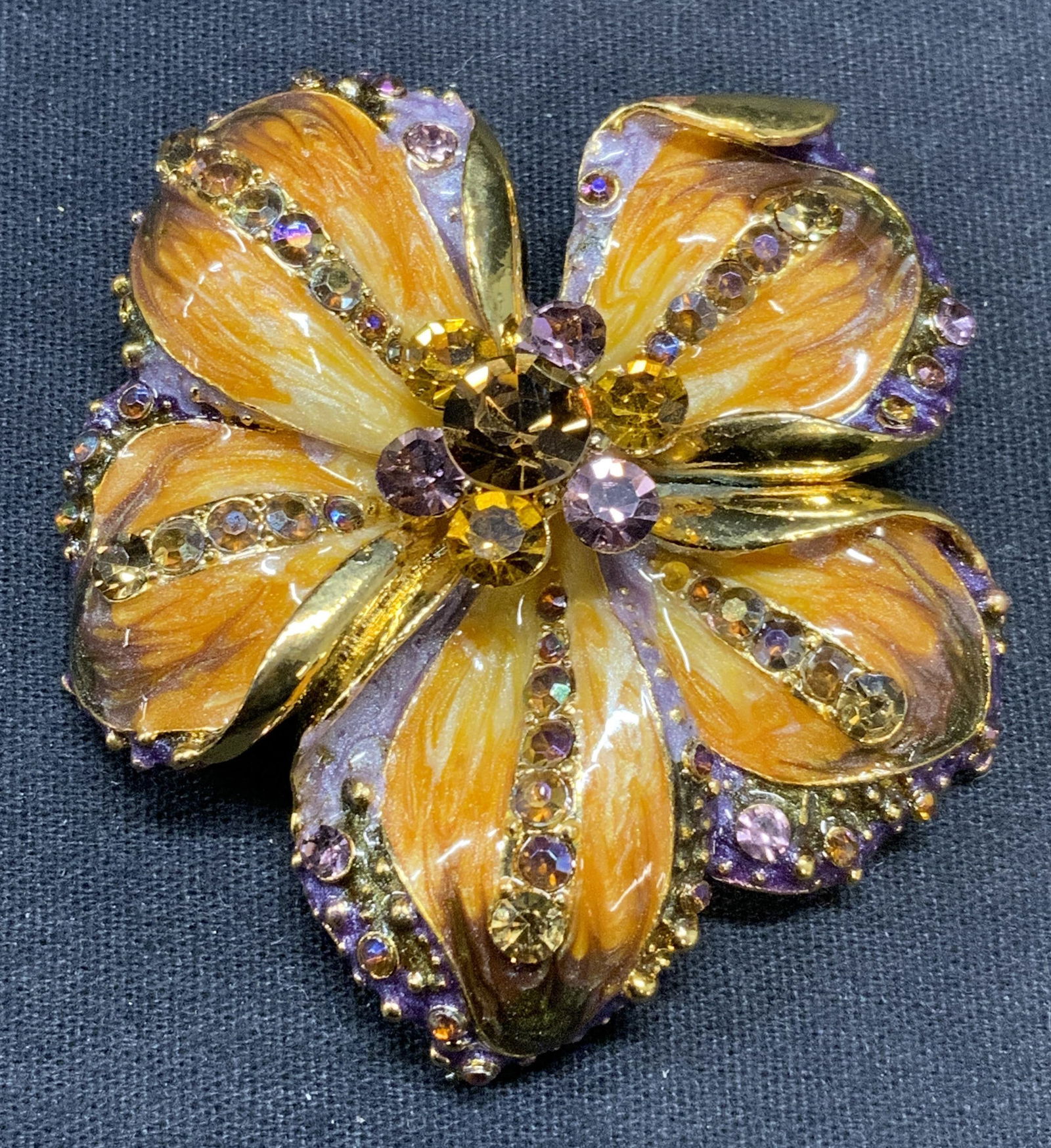 Enameled Crystal Flower Brooch