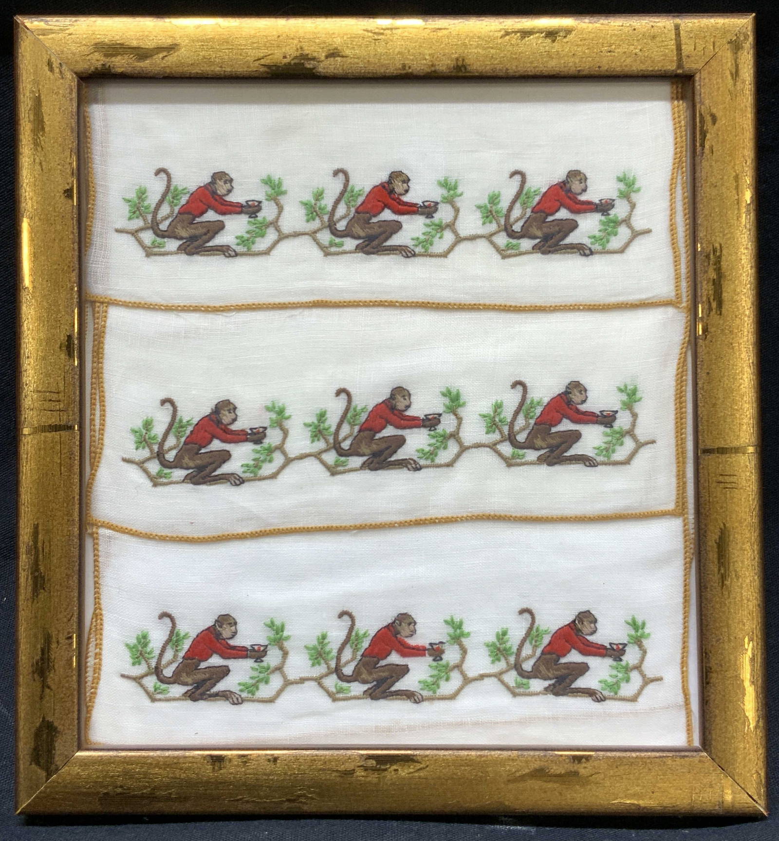 Framed Embroidery Serving Monkey Art Auction