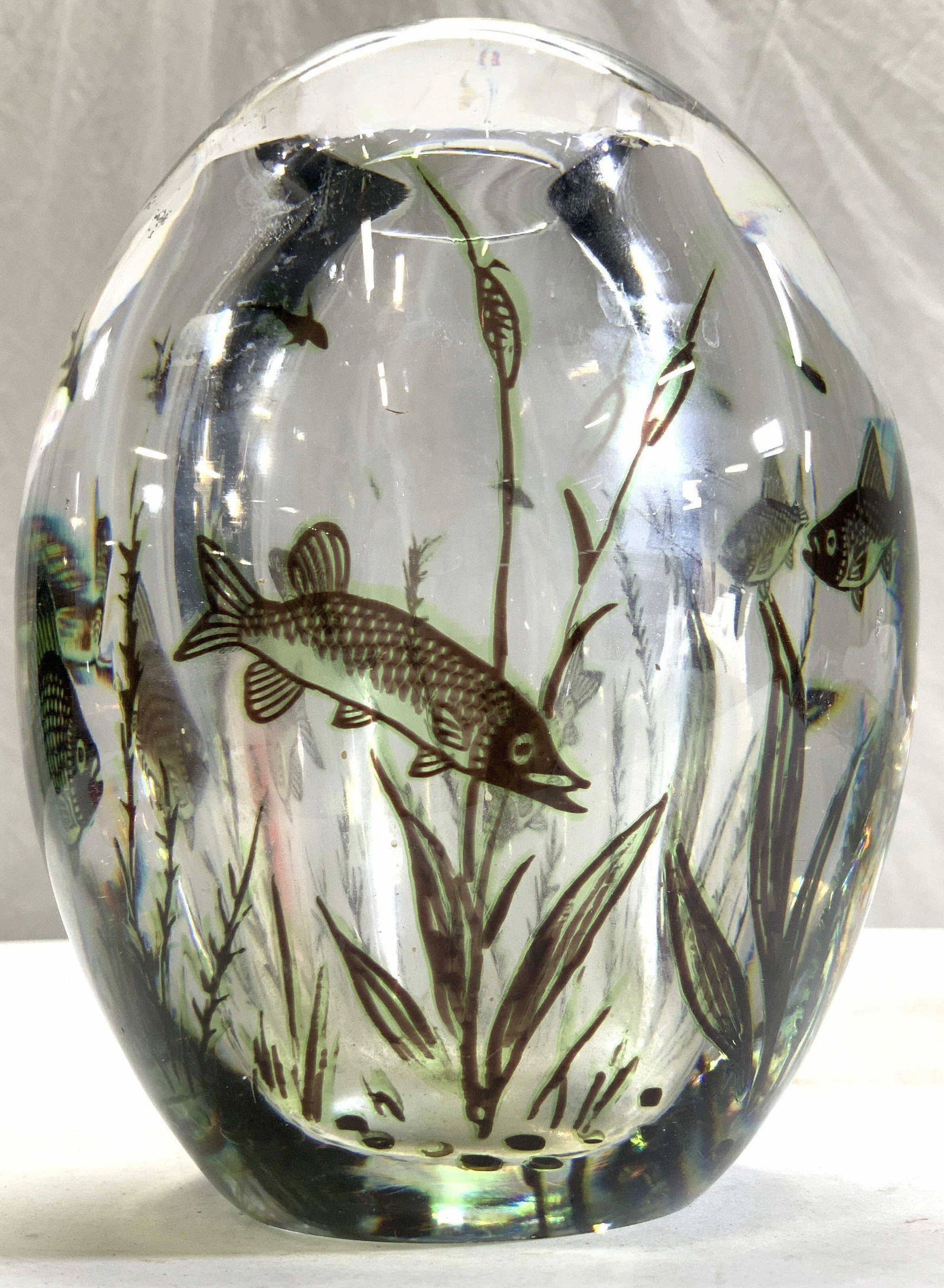 Edward Hald Orrefors Fish Graal Vase, Sweden Sgn Auction