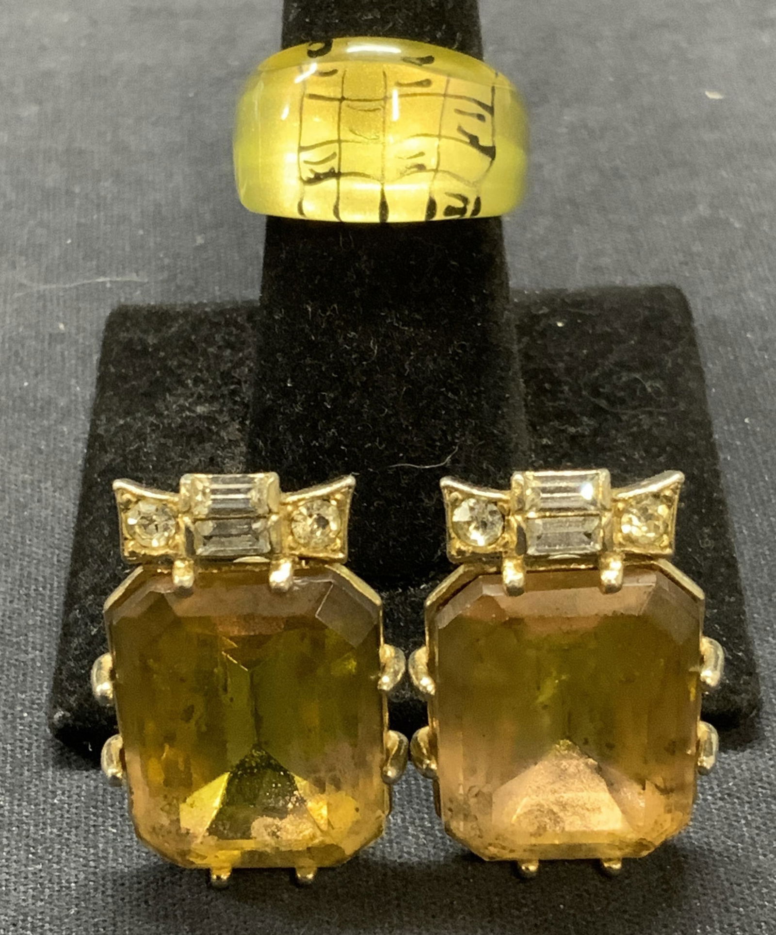 Lot 2 Schiaparelli Crystal Earrings, Lucite Ring Auction