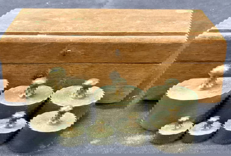 Vintage Brass Scale Weights In Wooden Box