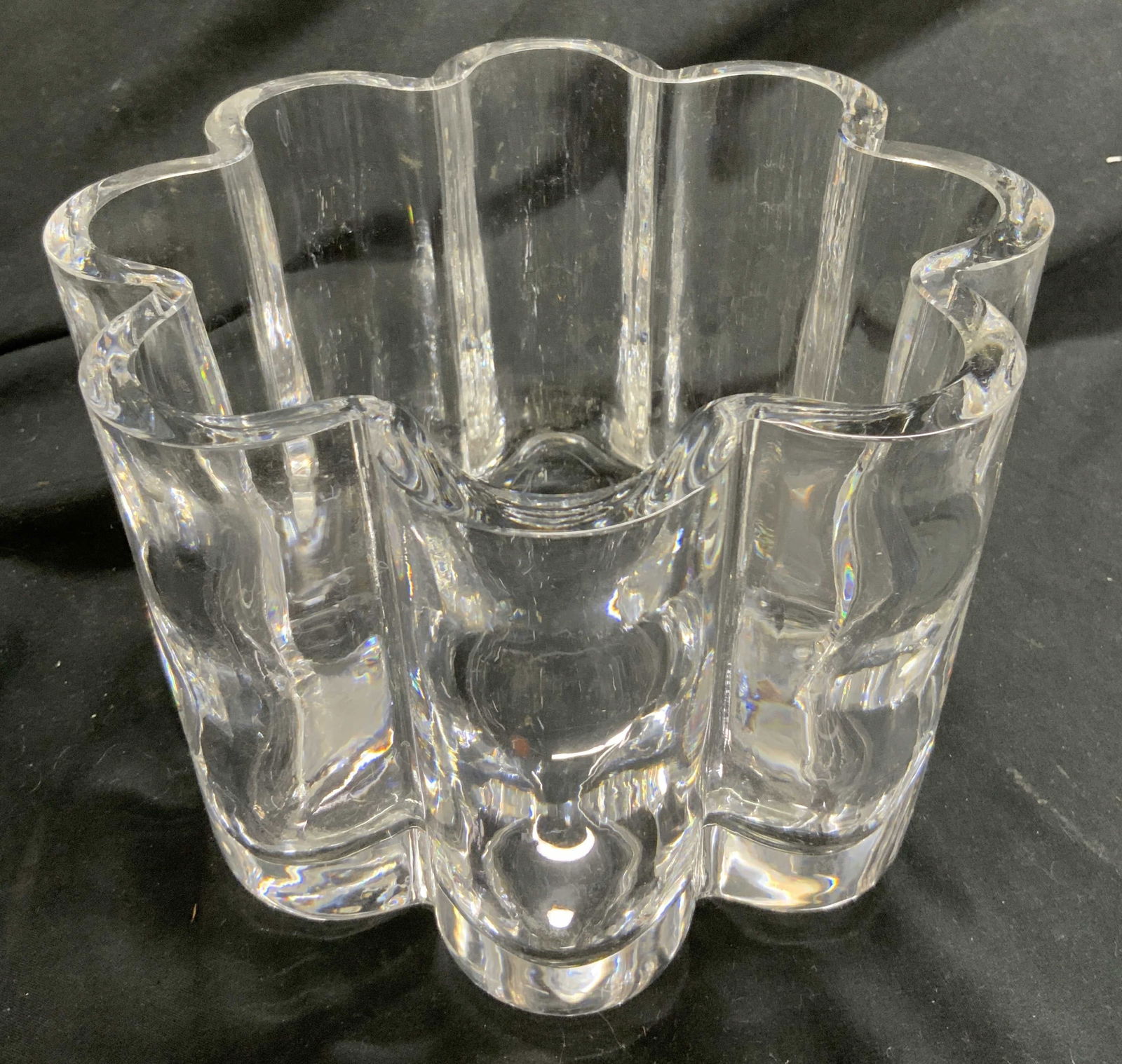Orrefors Signed Crystal Scalloped Vessel Vase Auction