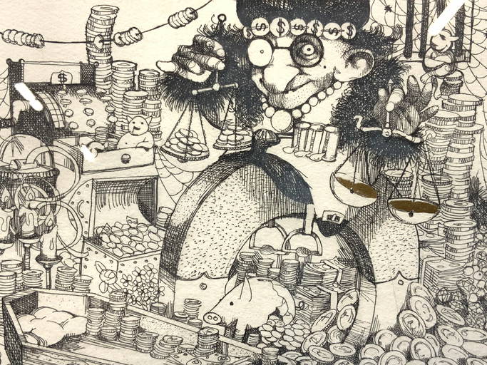 Charles Bragg Sgd Greed Block Etching Drawing