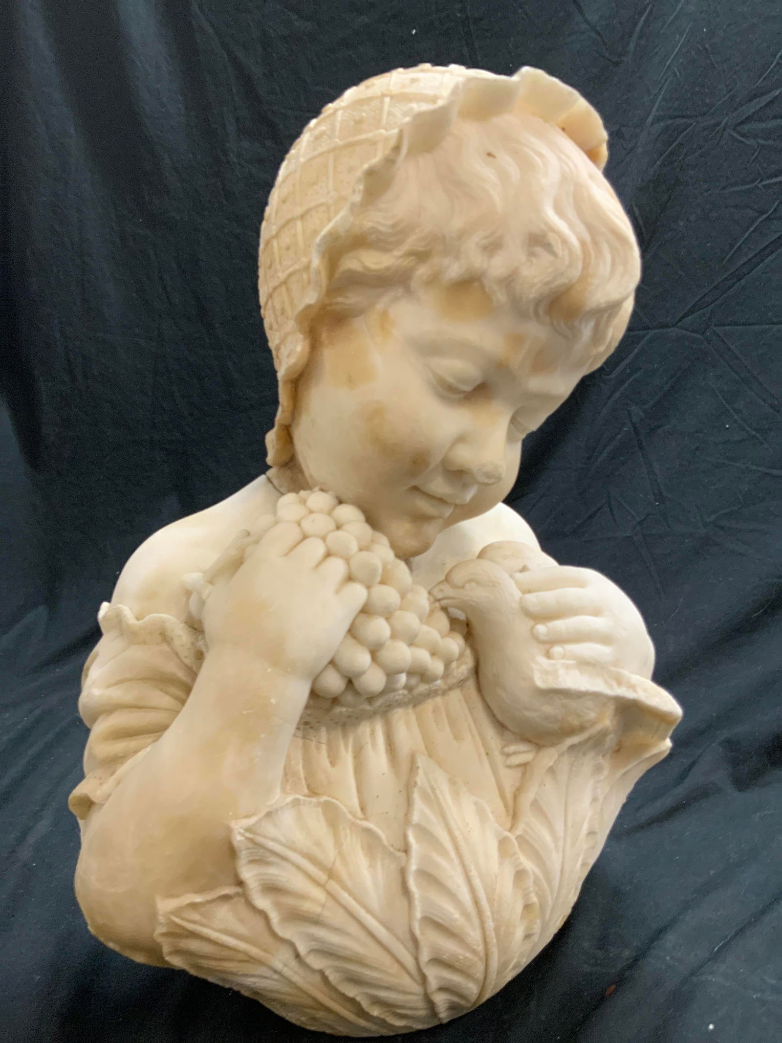 Vtg Alabaster Stone Girl W/ Dove & Grapes Statuary Auction