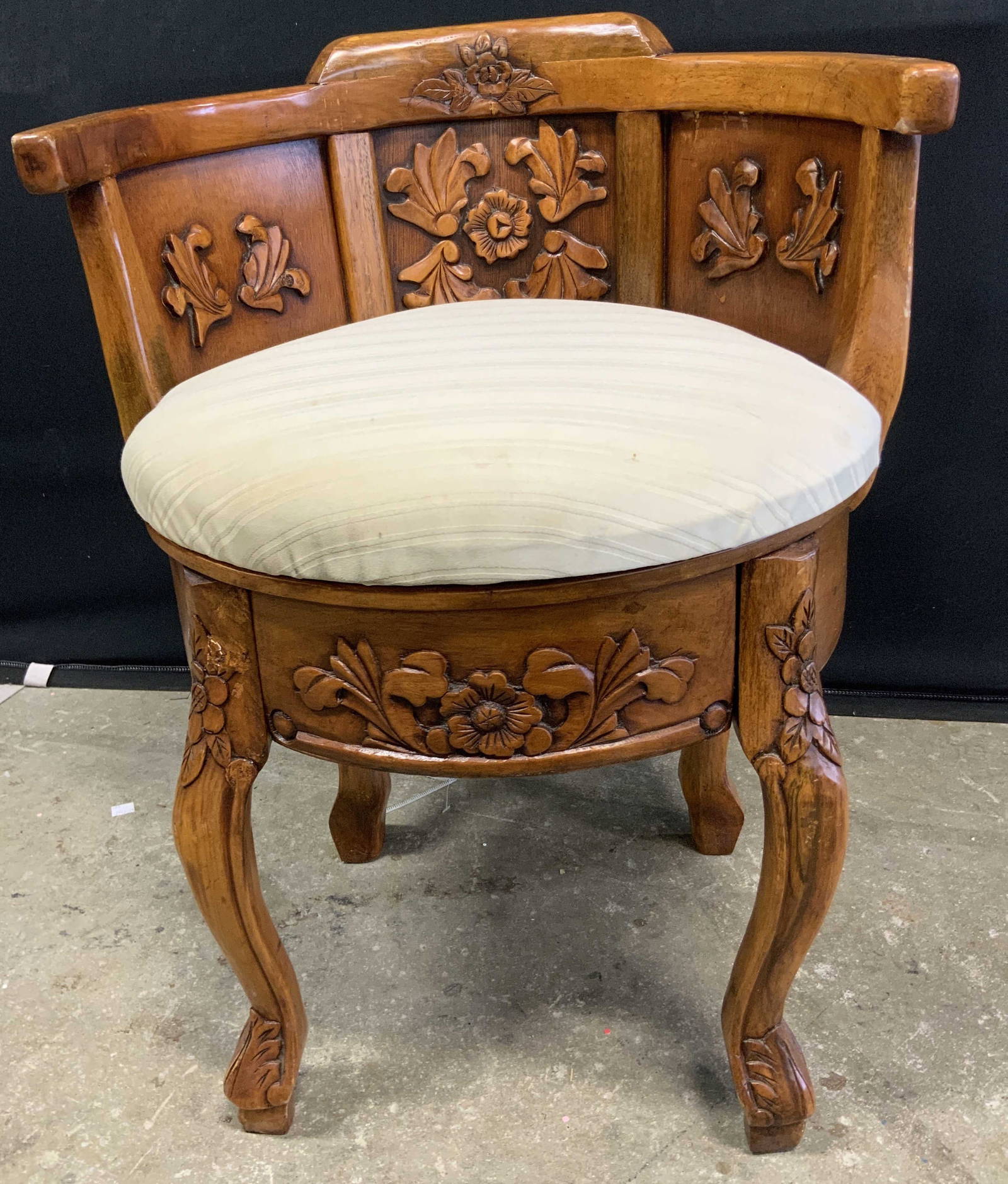 Vintage Carved Wood Barrel Back Low Chair Auction Vintage Carved Wood Barrel Back Low Chair Auction