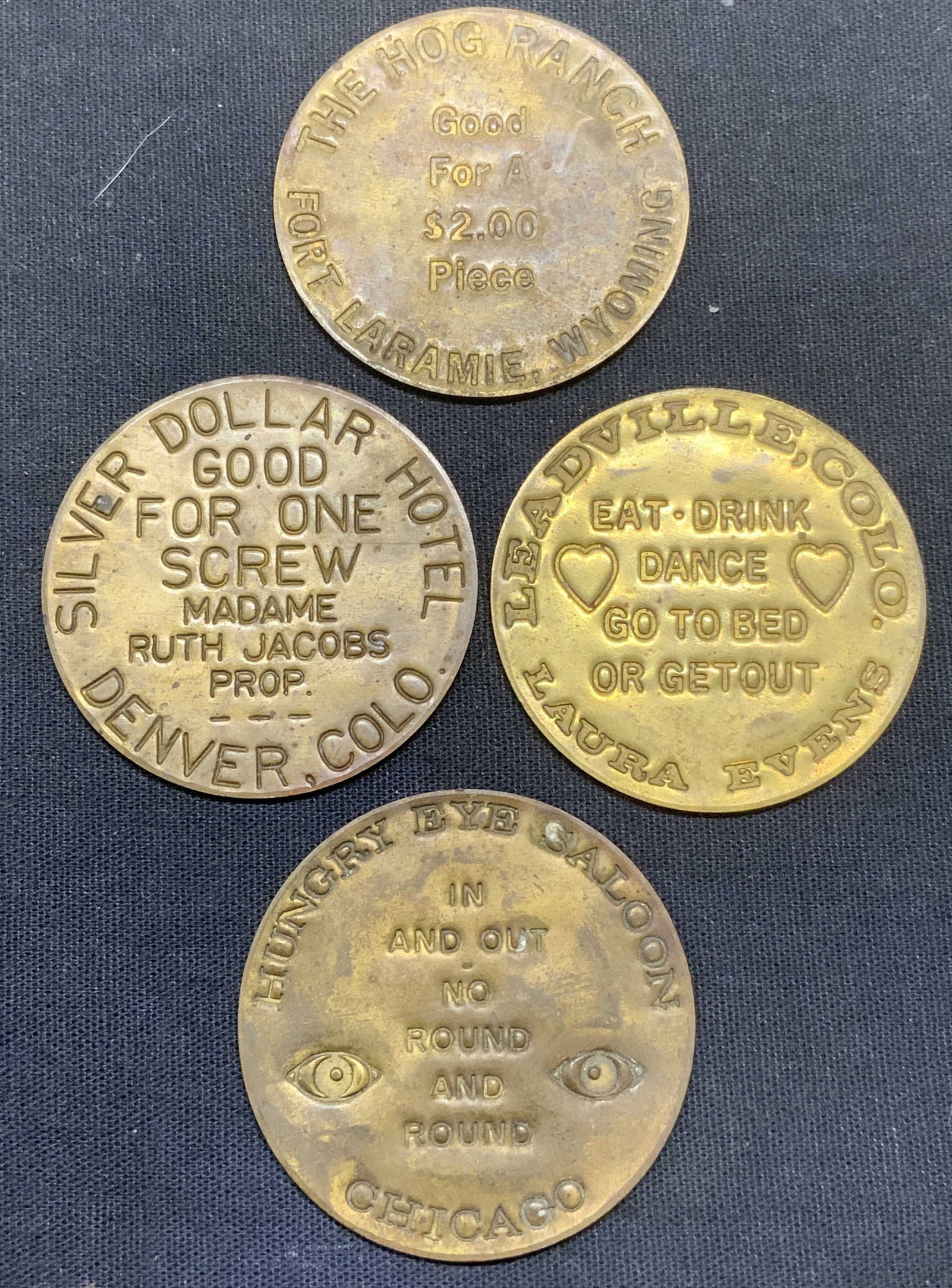 Lot 4 Vintage Brass Novelty Tokens Auction