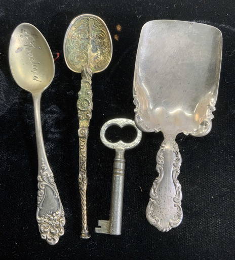 Antq Sterling Silver Collect Spoons, Skeleton Key, 4