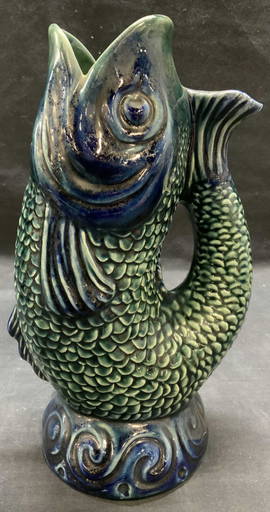 Vtg Olfaire Blue Majolica Fish Pitcher, Portugal